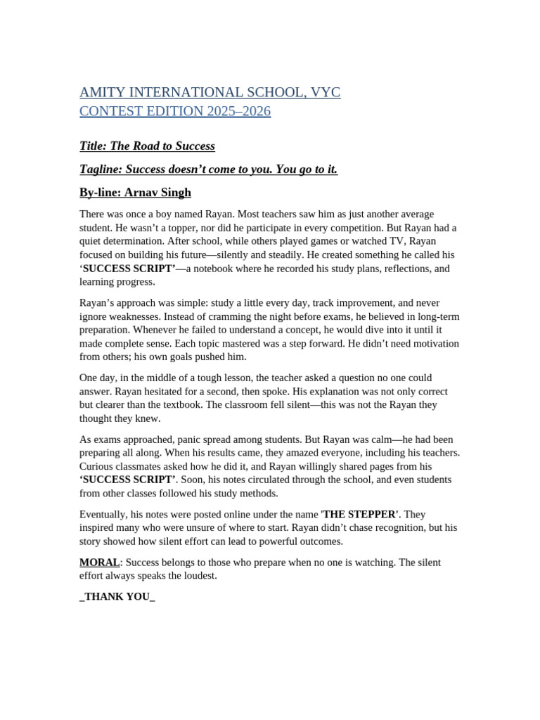 The Road To Success (By-Arnav Singh. Grade-7) | PDF