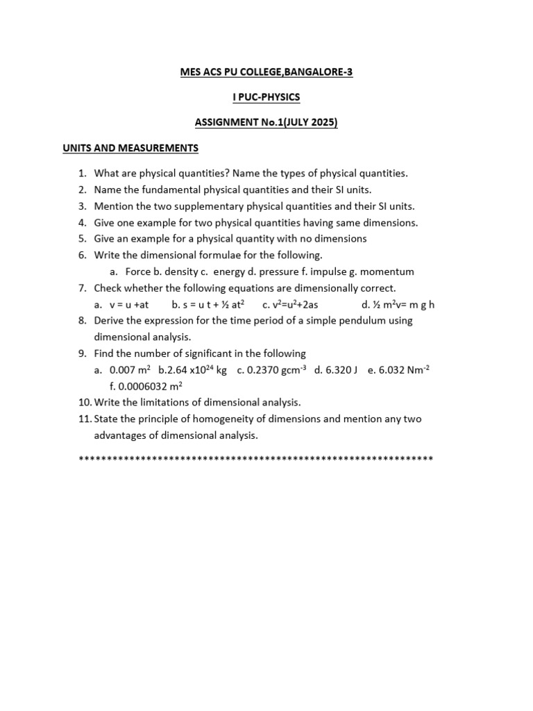 Units and Measurements-Assignment-I PUC July 2025 | PDF