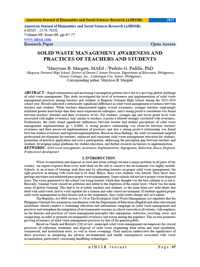 Solid Waste Management Awareness and Practices of Teachers and Students ...