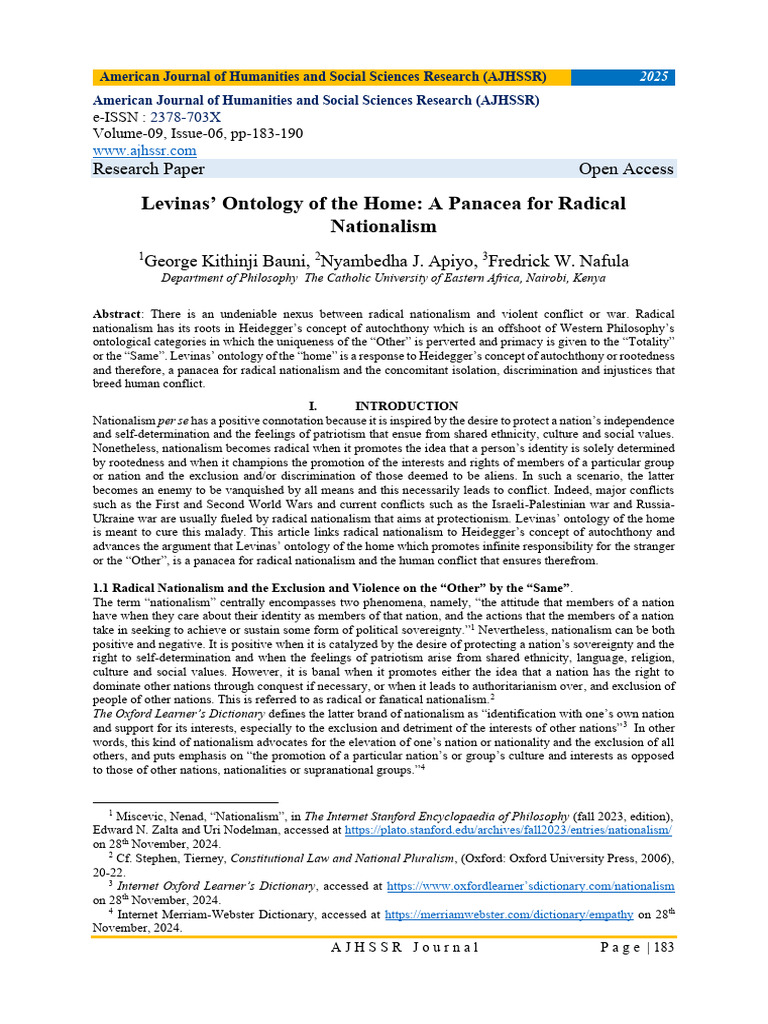Levinas' Ontology of The Home: A Panacea For Radical Nationalism | PDF | Martin Heidegger | Nation