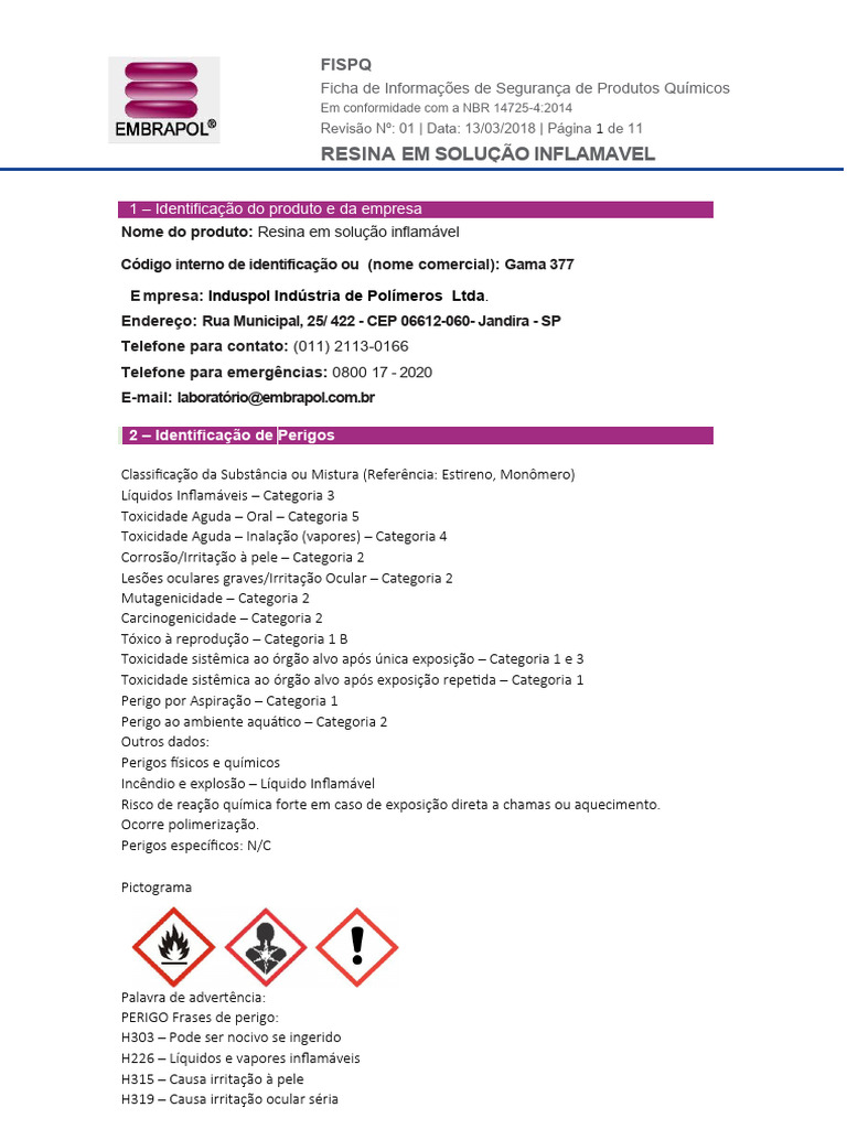 FISPQ: Resina Inflamável da Induspol | PDF | Oxigênio | Combustão