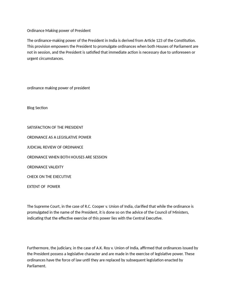 President's Ordinance-Making Power | PDF | Act Of Parliament | American ...