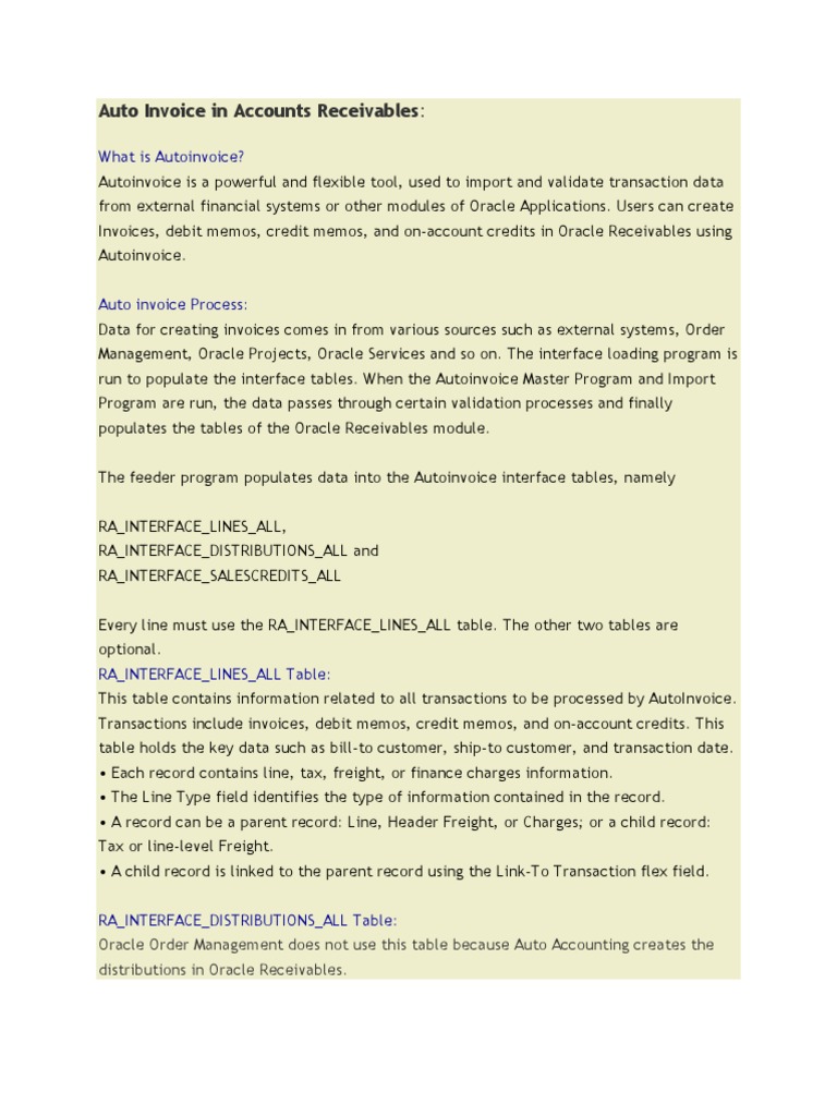 Auto Invoice in Accounts Receivables Guide | PDF | Database Transaction | Debits And Credits