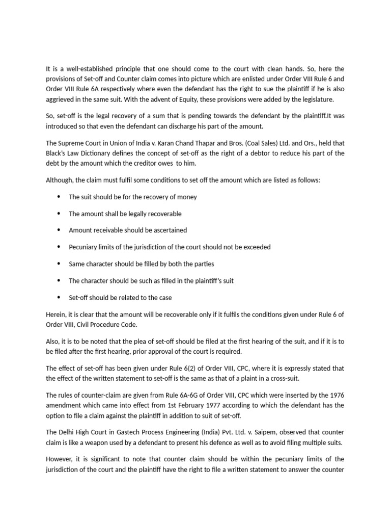 Set-off and Counterclaim in CPC Explained | PDF | Lawsuit | Set Off (Law)