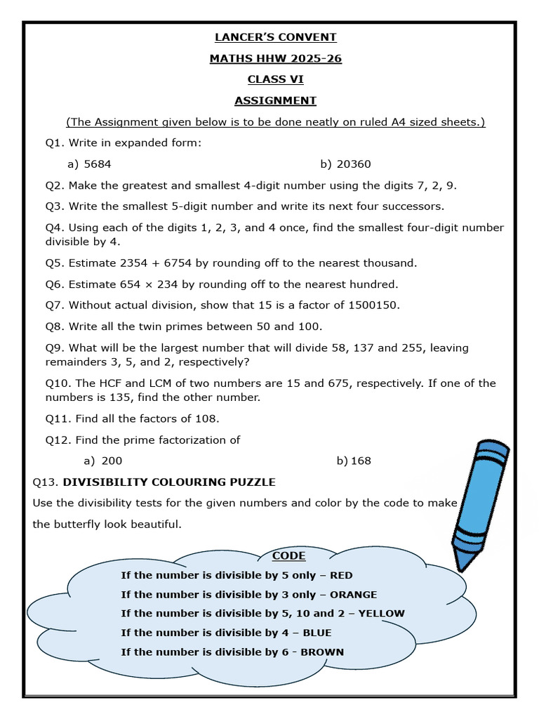 Maths - Class Vi - HHW Assisgnment (2025-26) | PDF