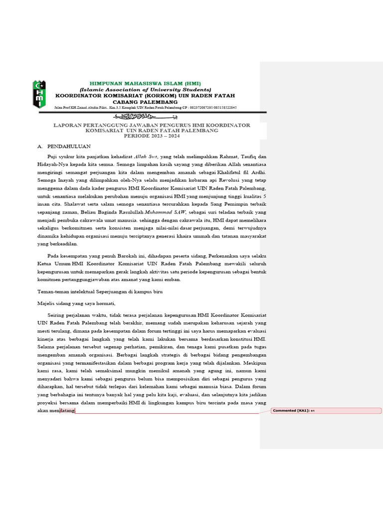Contoh Format LPJ KOORKOM HMI 2023 - 2024 | PDF