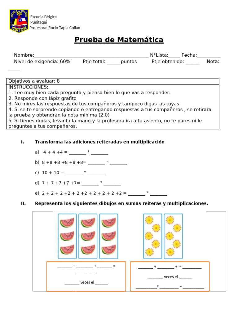 Prueba de Matemática Multiplicación | PDF