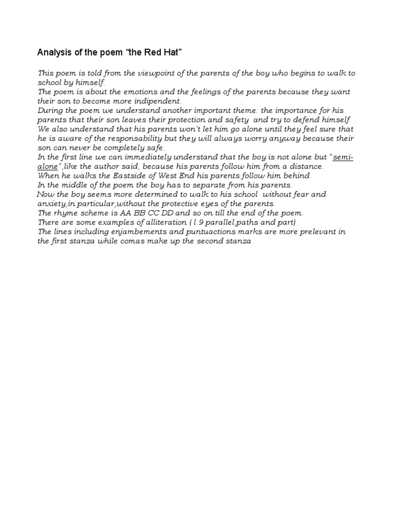 Analysis of "The Red Hat" Poem | PDF | Poetry | Psychological Concepts
