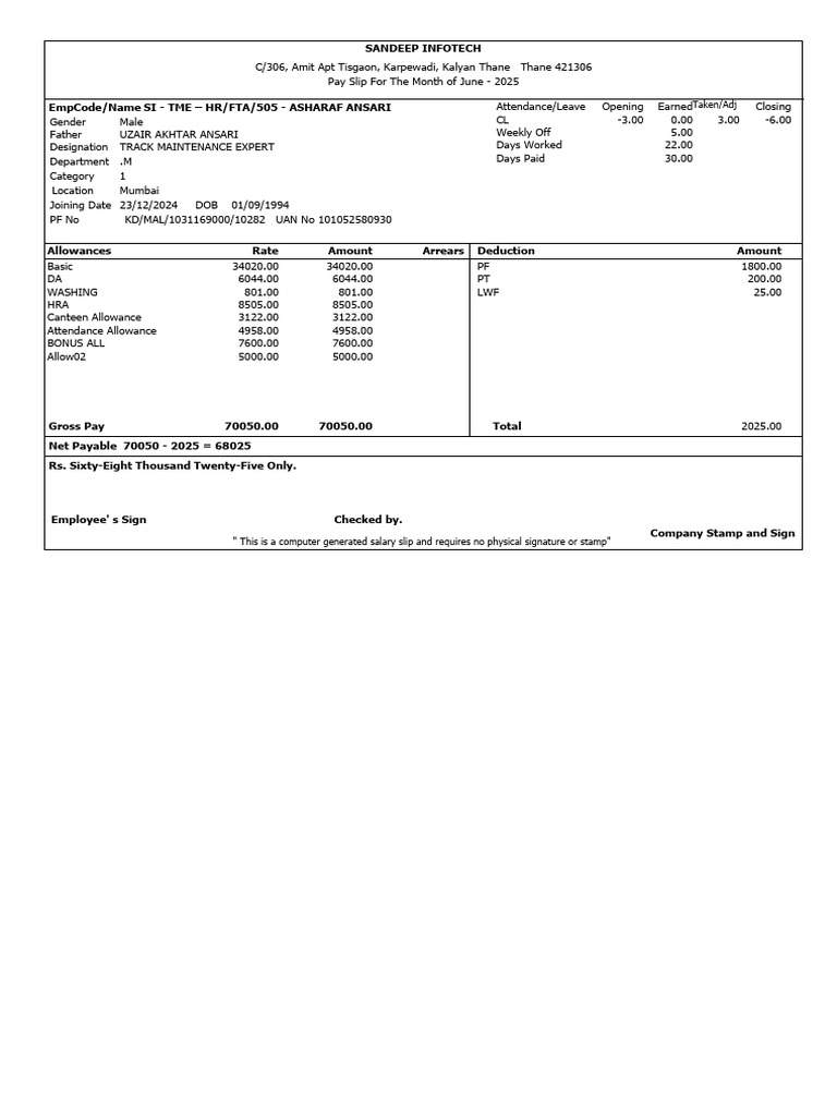 June 2025 Pay Slip for Asharaf Ansari | PDF | Employment Compensation ...