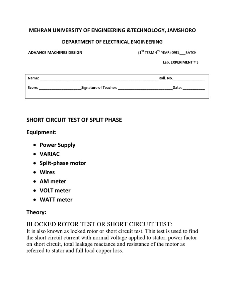 Short Circuit Test of Split Phase Motor | PDF