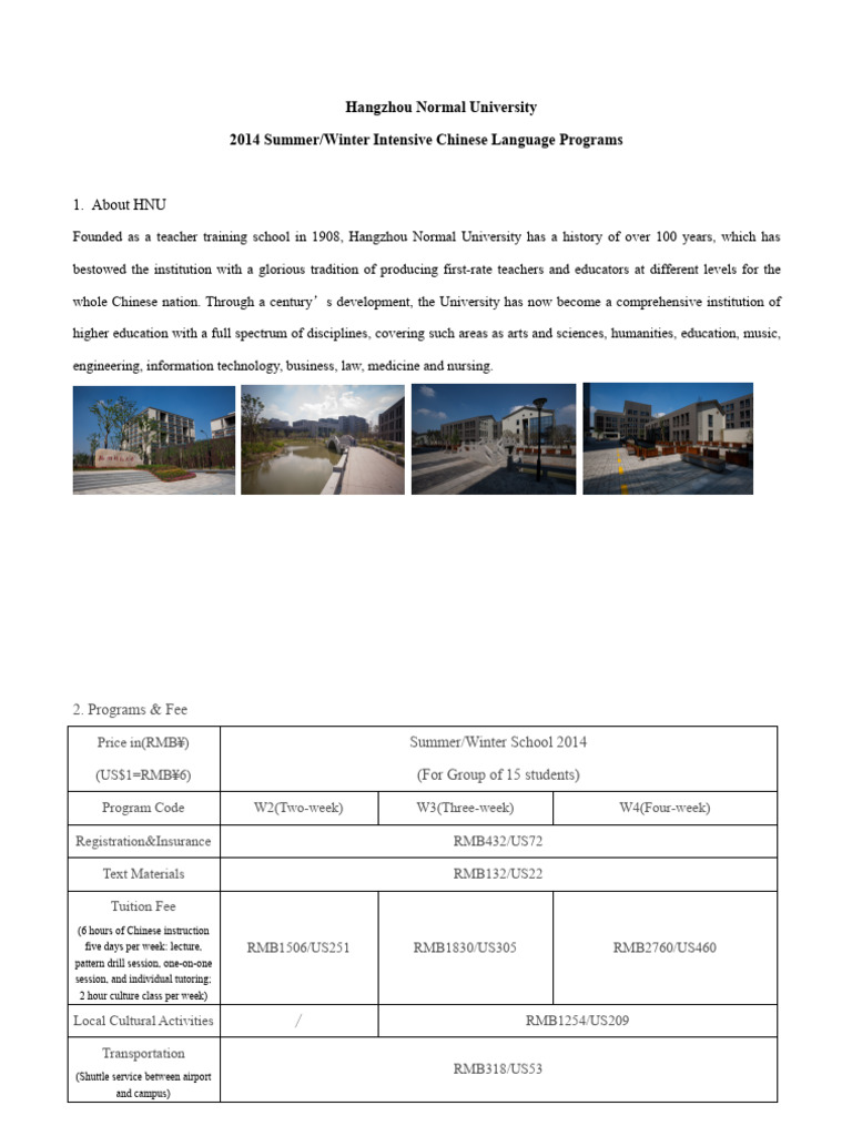HNU Summer/Winter Chinese Programs | PDF