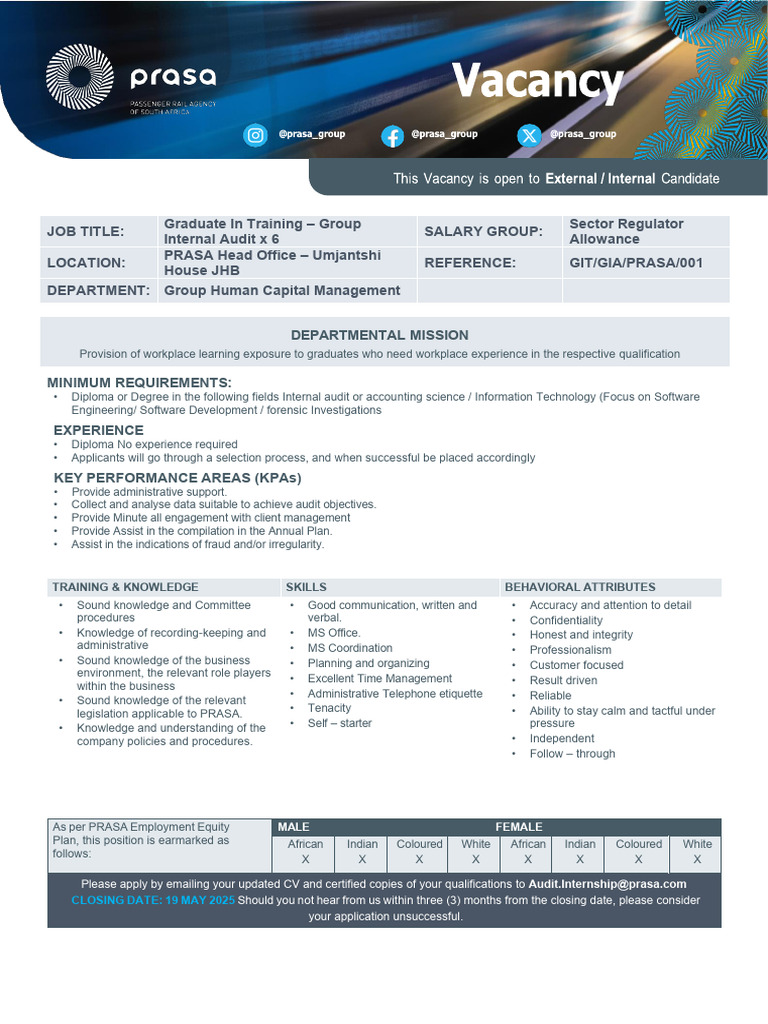 PRASA Graduate Internship Opportunities 2025 | PDF | Human Resource ...