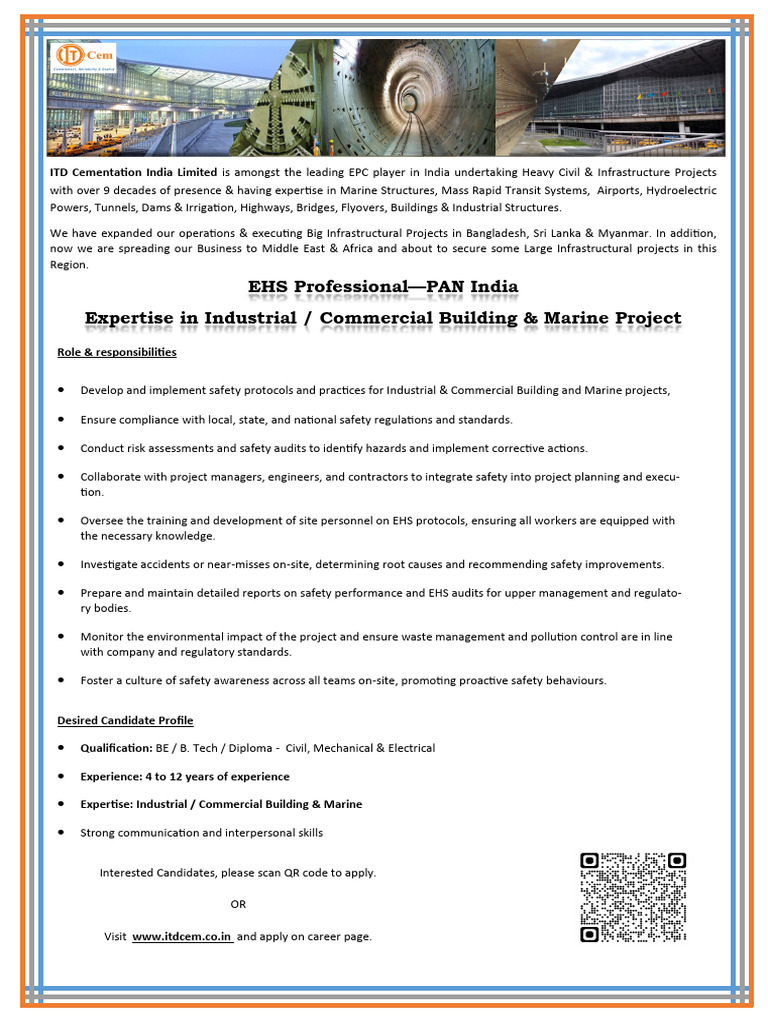 EHS Professional Vacancy at ITD Cementation | PDF