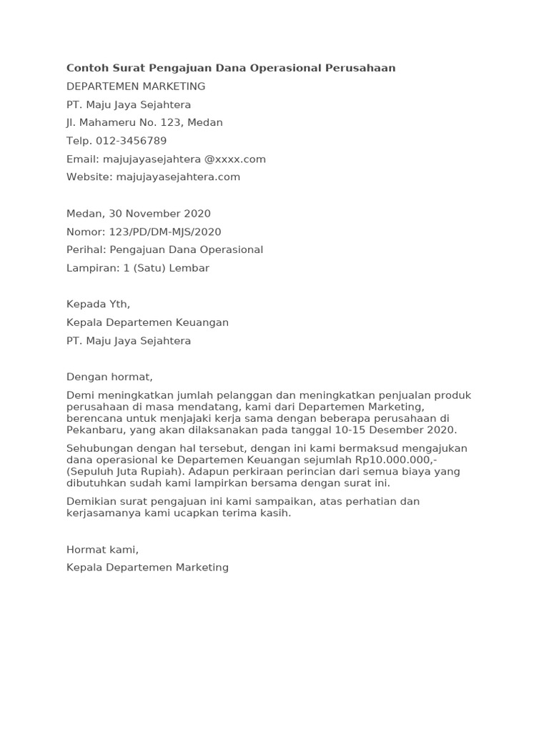 Contoh Surat Pengajuan Dana Operasional Perusahaan | PDF