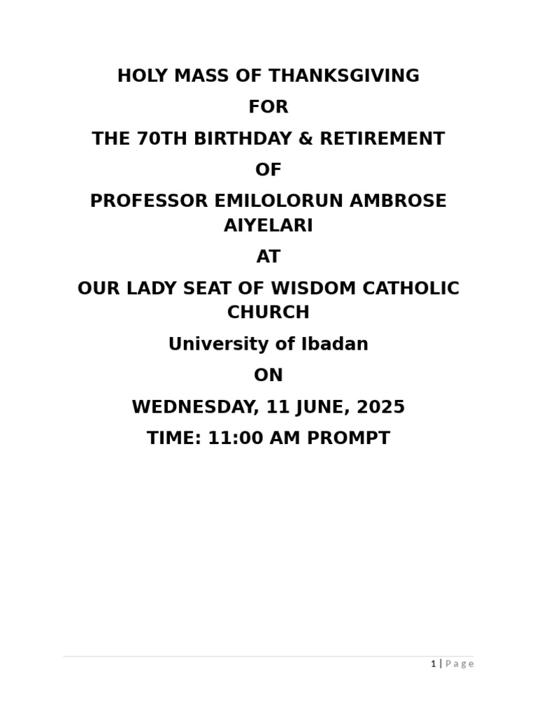 Thanksgiving Mass for 70th Birthday | PDF | Eucharist | Mass (Liturgy)