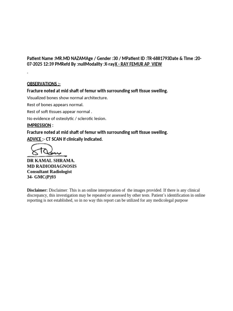 Femur Fracture Report for MD Nazam | PDF