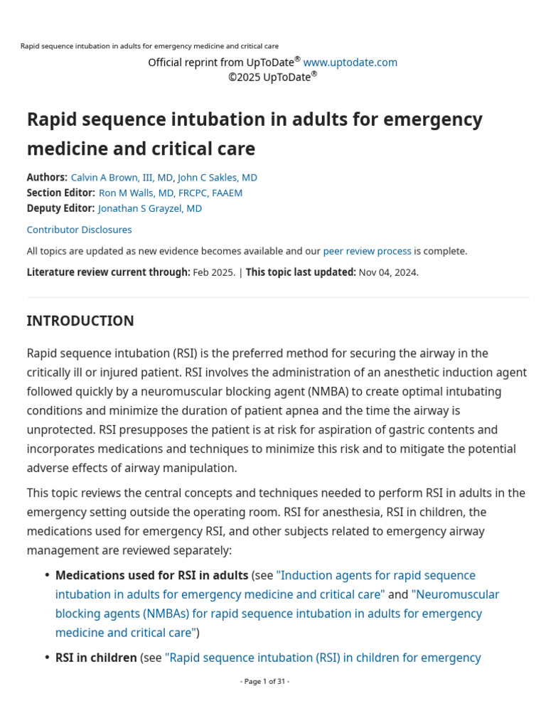 Rapid Sequence Intubation in Adults | PDF | Intensive Care Medicine ...
