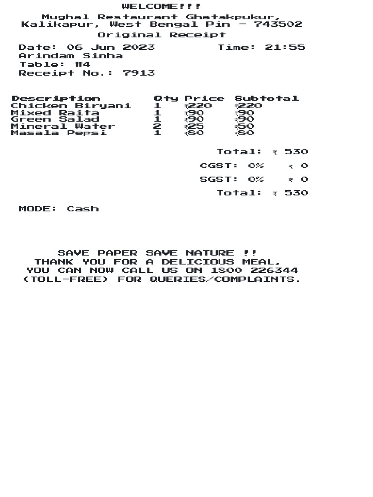 Mughal Restaurant Receipt - Ghatakpukur | PDF