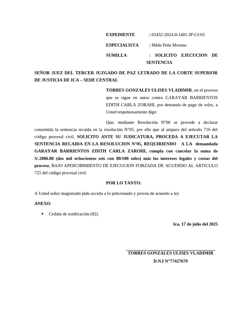 Solicito Ejecucion de Sentencia - Torres Gonzales Ulises Vladimir | PDF