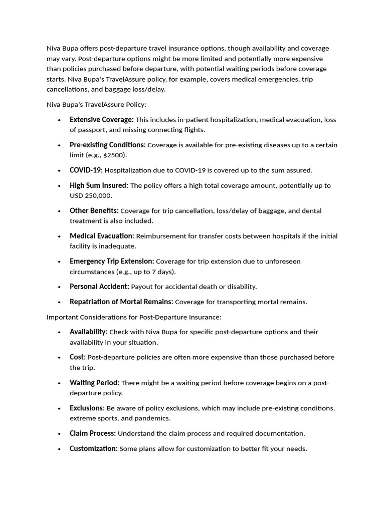 Niva Bupa Post-Departure Travel Insurance Options | PDF