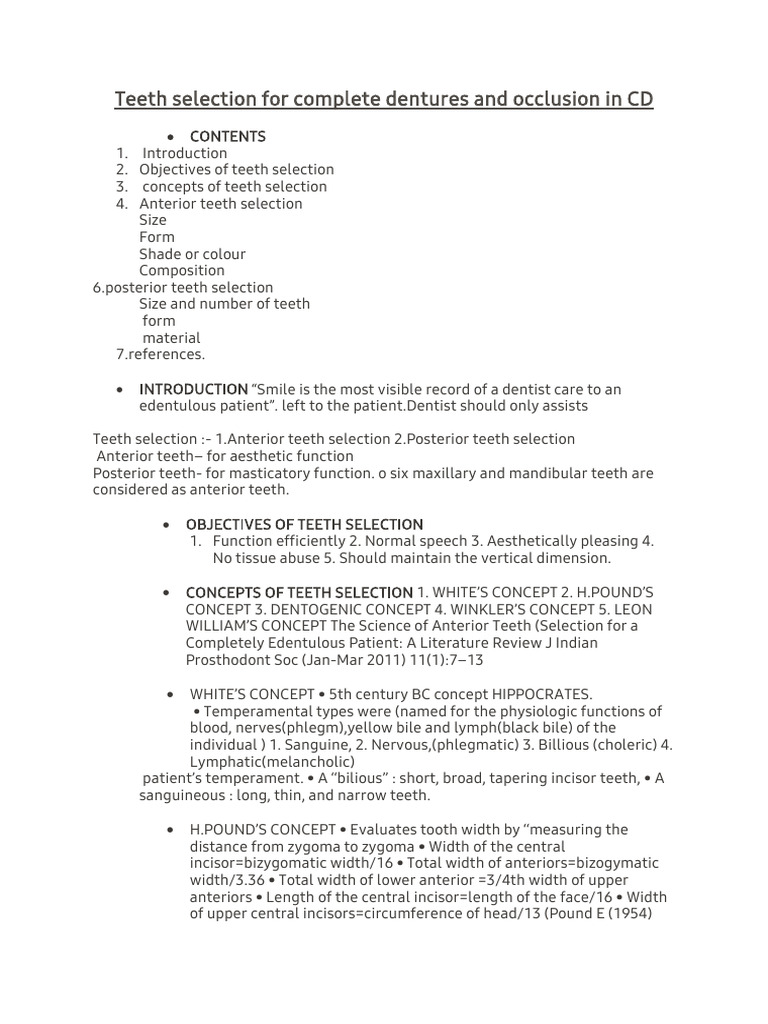 Teeth Selection For Complete Dentures AND OCCLUSION | PDF | Dentures ...