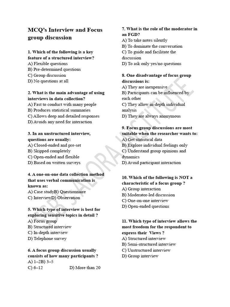 MCQ's Interview and Focus | PDF | Focus Group | Survey Methodology