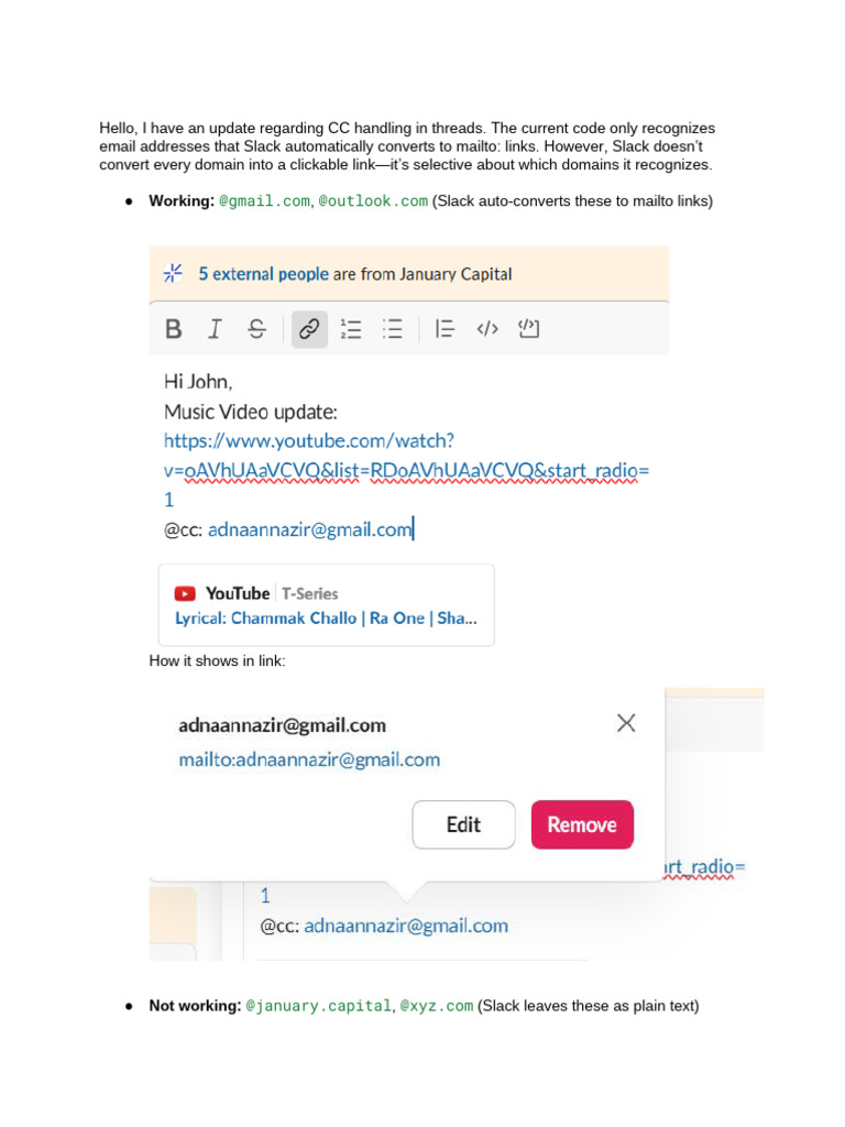 CC Handling Update for Slack Threads | PDF
