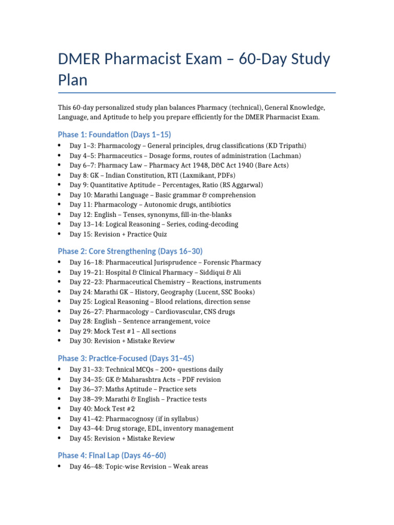 DMER 60 Day Study Plan | PDF