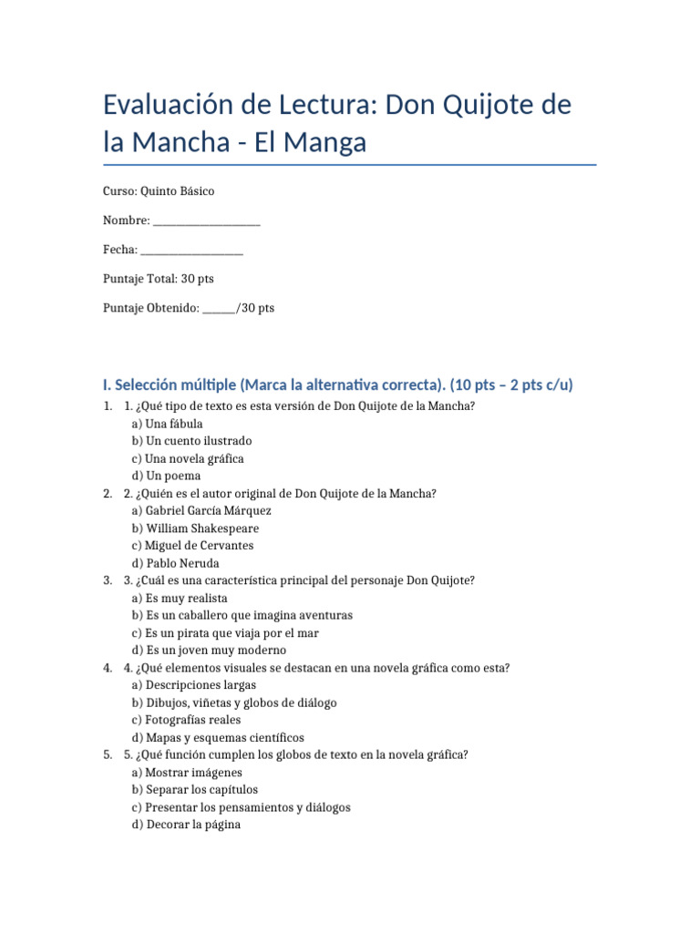 Evaluacion Don Quijote Manga 5B | PDF | Don Quijote | Novelas