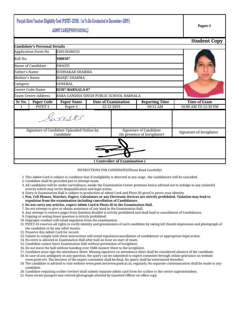PSTET-1 Admit Card Instructions | PDF