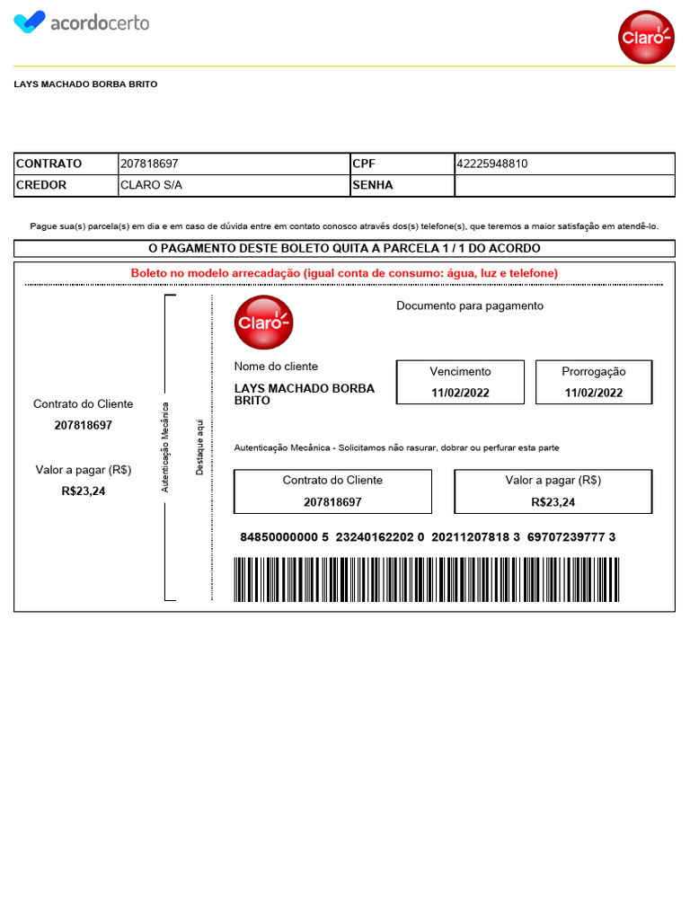Boleto de Pagamento Claro S/A - R$23,24 | PDF