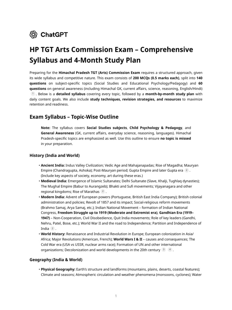 HP TGT Arts Commission Exam - Comprehensive Syllabus and 4-Month Study Plan | PDF | Learning ...