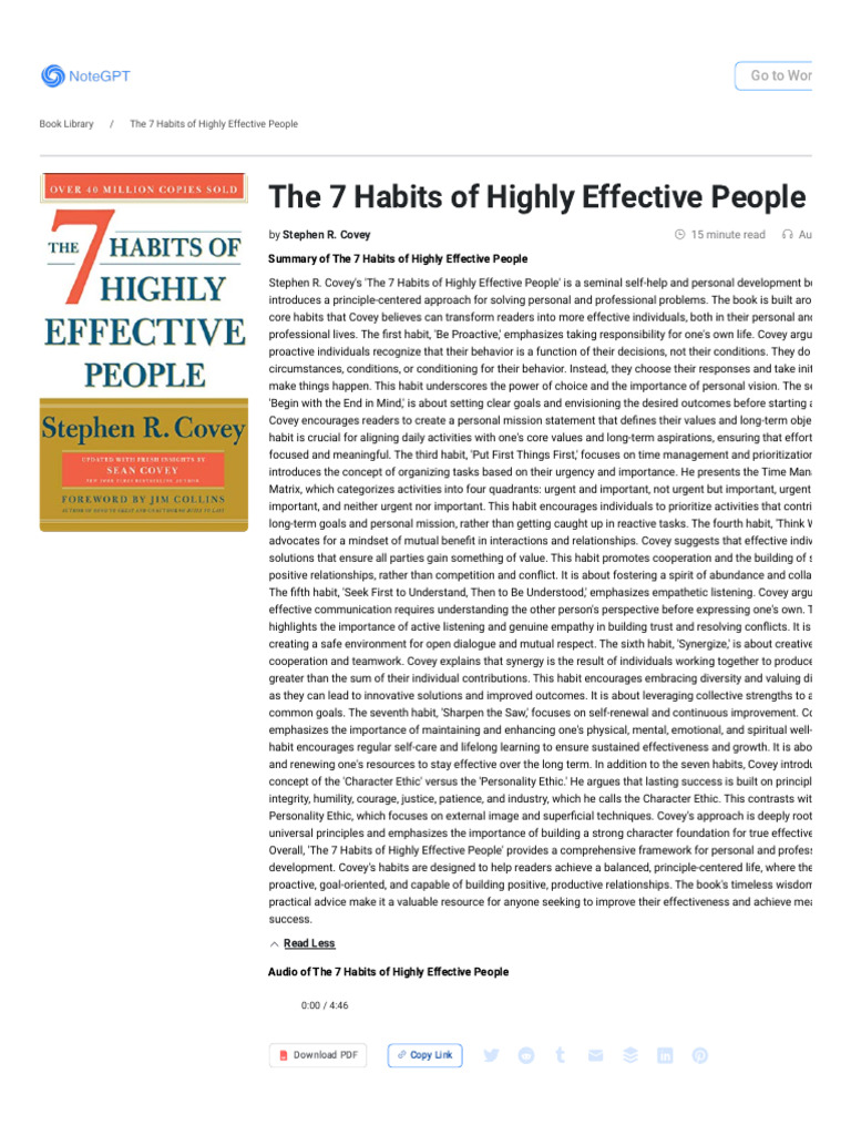 Summary of Covey's 7 Habits | PDF | Cognition | Social Psychology
