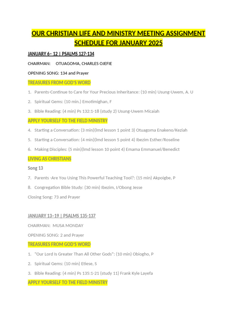 JANUARY 2025 Assignment Schedule | PDF | Abrahamic Religions