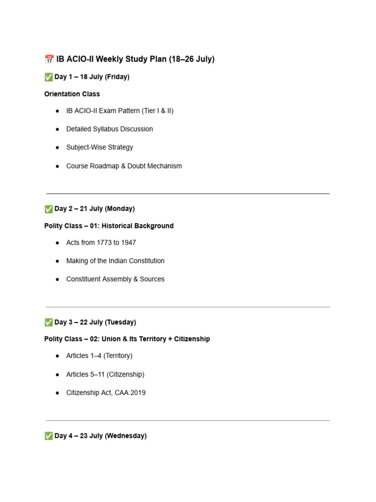 ? IB ACIO-II Weekly Study Plan (18-26 July) | PDF