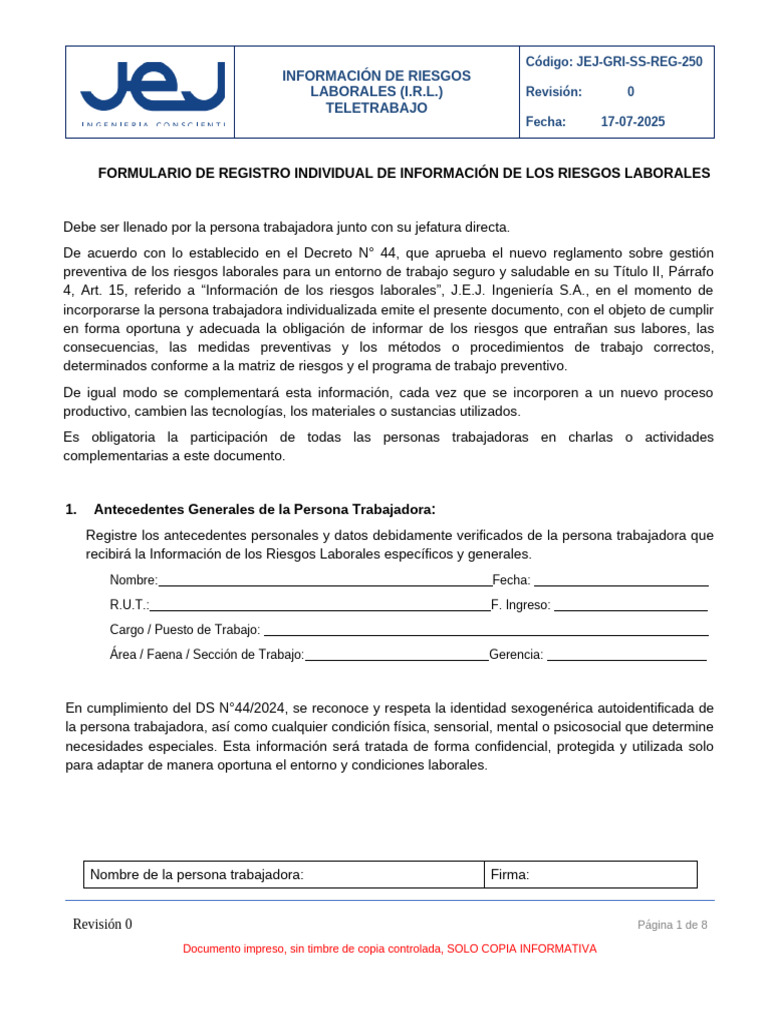 Registro de Riesgos Laborales en Teletrabajo | PDF