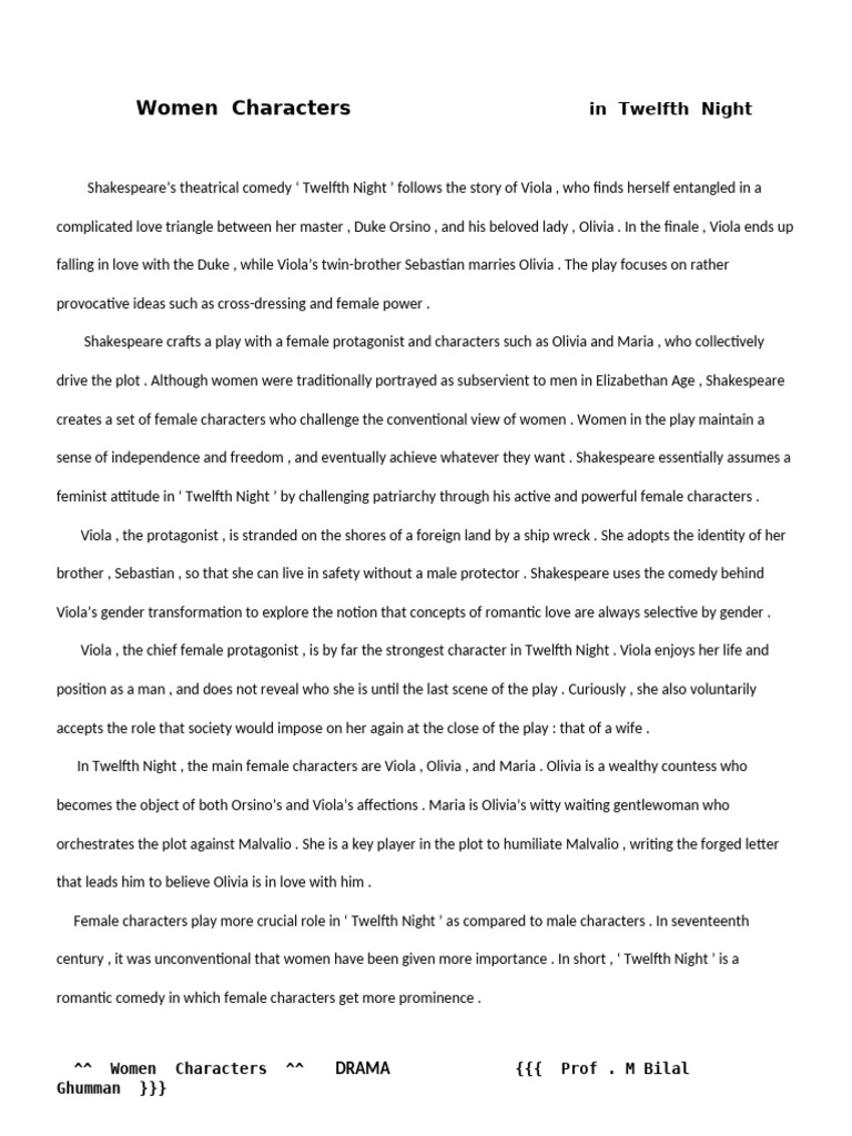 Women Characters - in Twelfth Night | PDF | Twelfth Night
