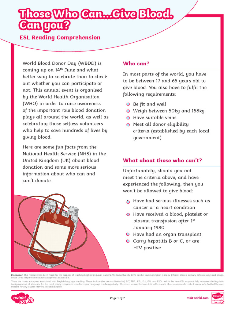 T 1715632376 Esl Reading Comprehension Those Who Cangive Blood Teens b2 ...