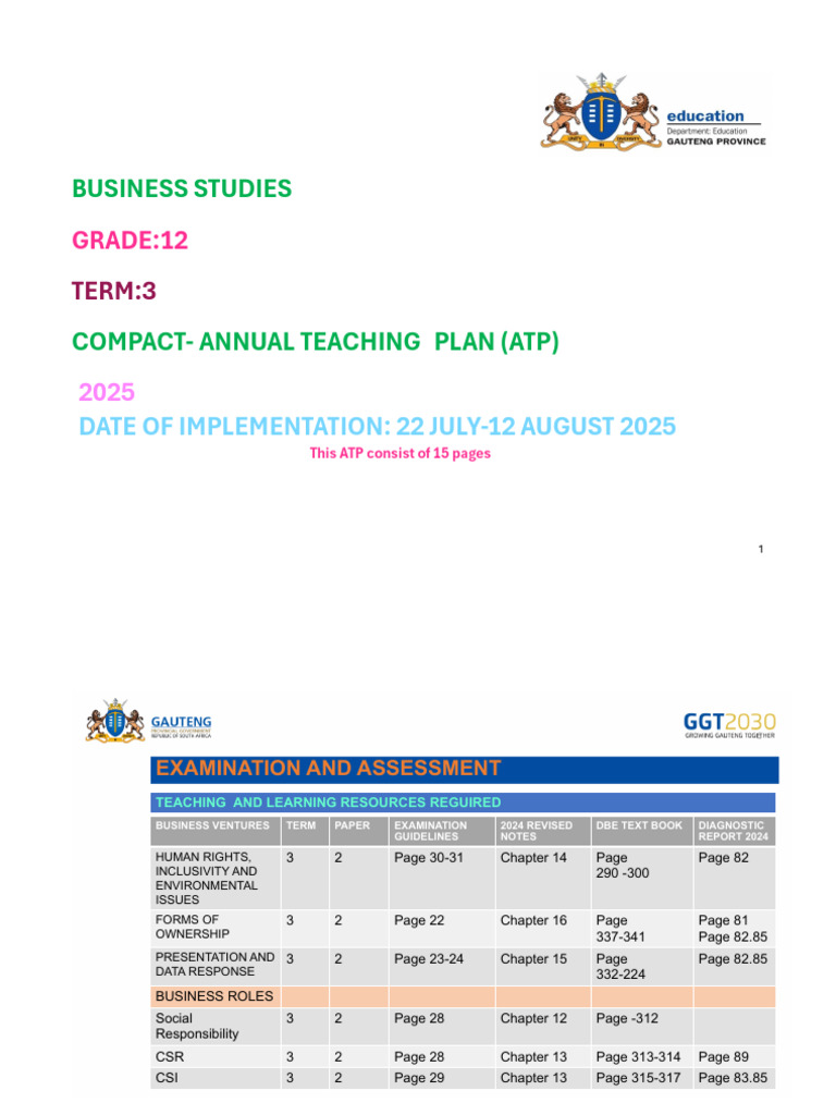 Grade 12 Business Studies ATP 2025 | PDF | Corporate Social ...