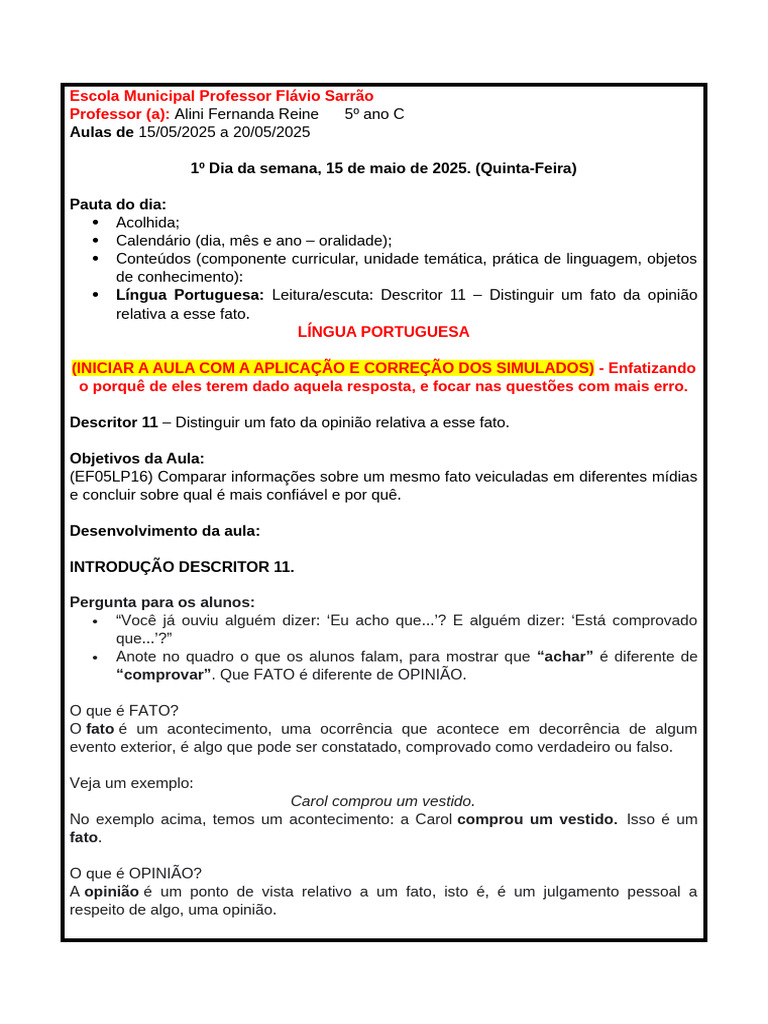 Plano de Aula - Alini D11 - D6 | PDF | Água | Ciclo da água