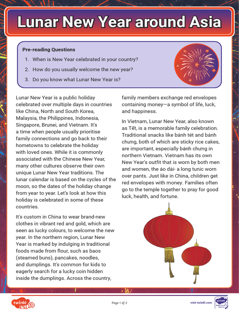 T 1704359787 Esl Lunar New Year in Asia Reading Comprehension Teens b1 b2 Ver 2 | PDF