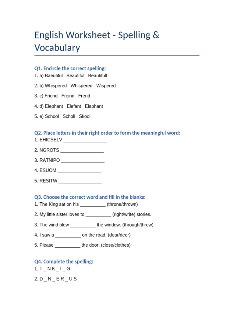 English Spelling Vocabulary Worksheet | PDF