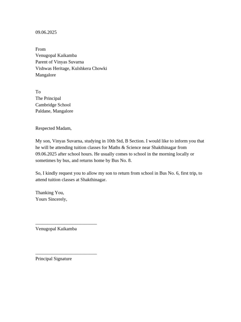 Tuition Request Letter With Principal Signature | PDF