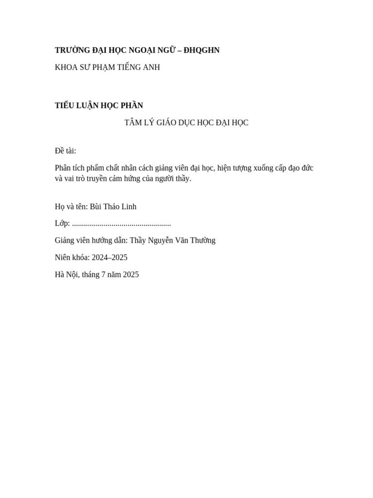 Tieu Luan Tam Ly Giao Duc Dai Hoc Bui Thao Linh | PDF