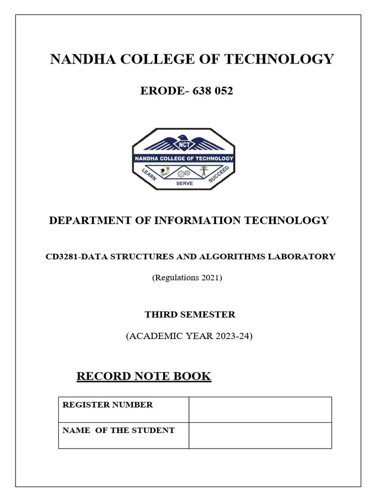 CD3281-DSA Lab Manual Front Page 11 | PDF | Engineering | Information