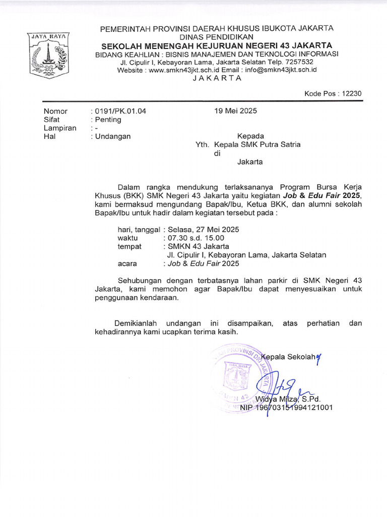 Surat Undangan Job & Edu Fair 2025 - SMK Putra Satria | PDF