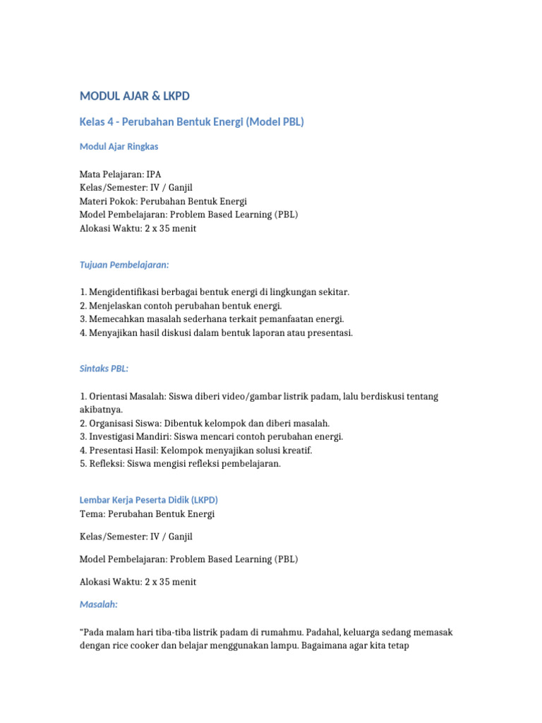 Modul Ajar LKPD Energi Kelas4 PBL | PDF