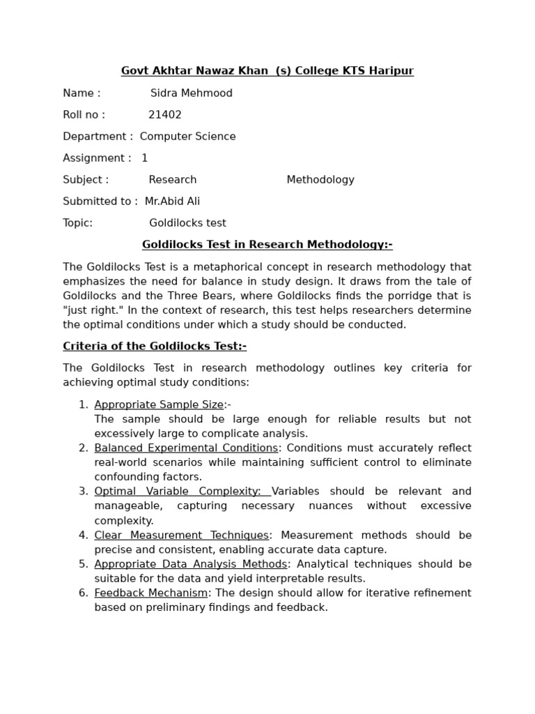 Goldilocks Test in Research Methodology | PDF