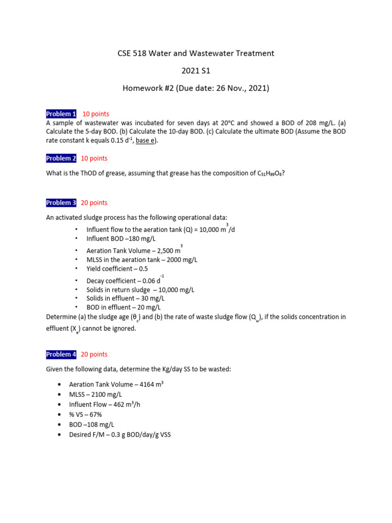 Wastewater Homework 2021 | PDF | Hydraulic Engineering | Water Treatment