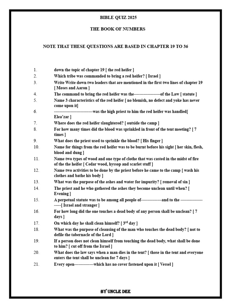 Bible Quiz: Numbers Chapters 19-36 | PDF | Book Of Numbers | Torah Books